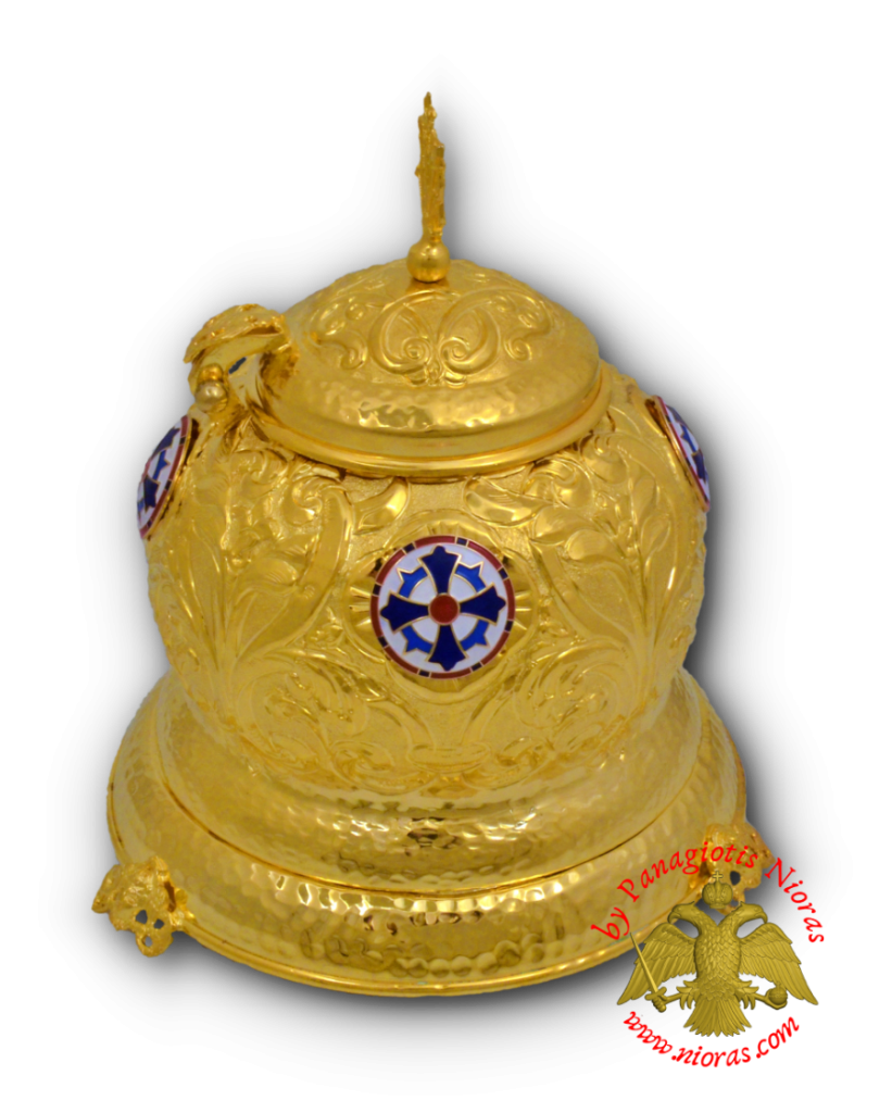 Reliquary Crown Box Gold Plated with Enamel Icon Saint Panteleimon h:20 ...