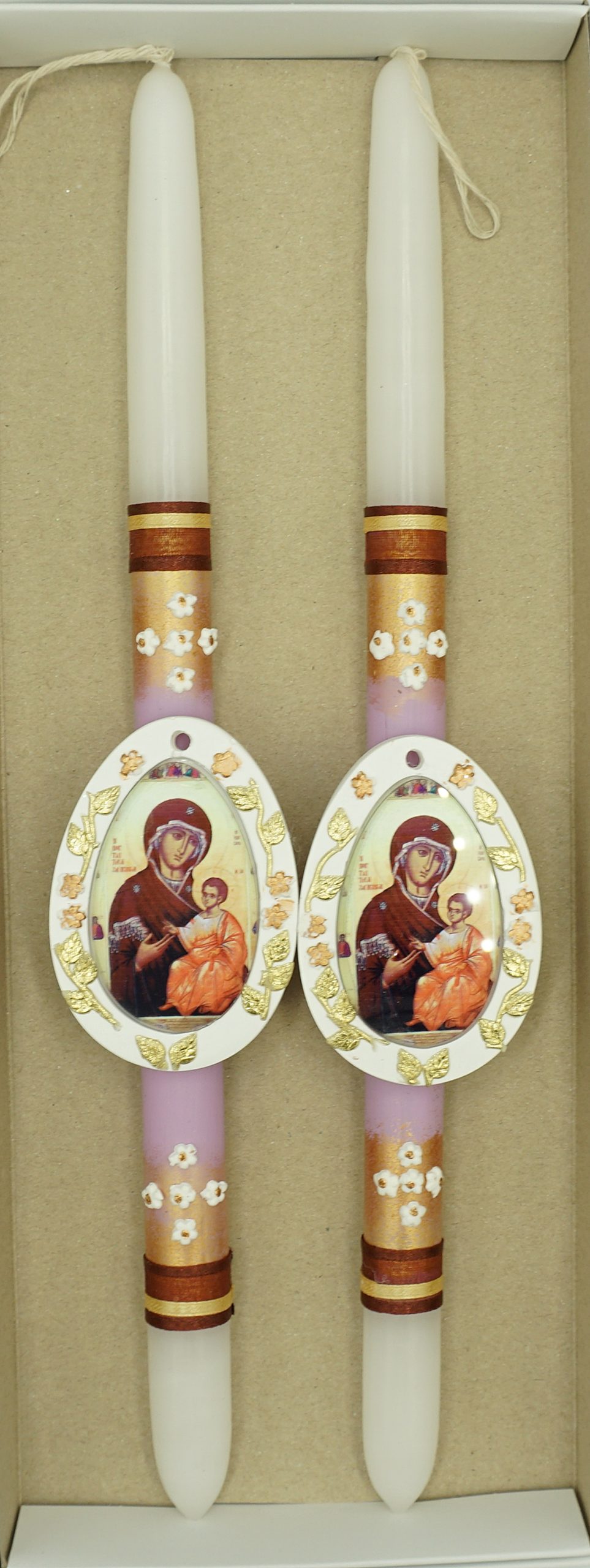 Pascha Candle with Theotokos Holy Oval Icon 40cm - Nioras Orthodox Family